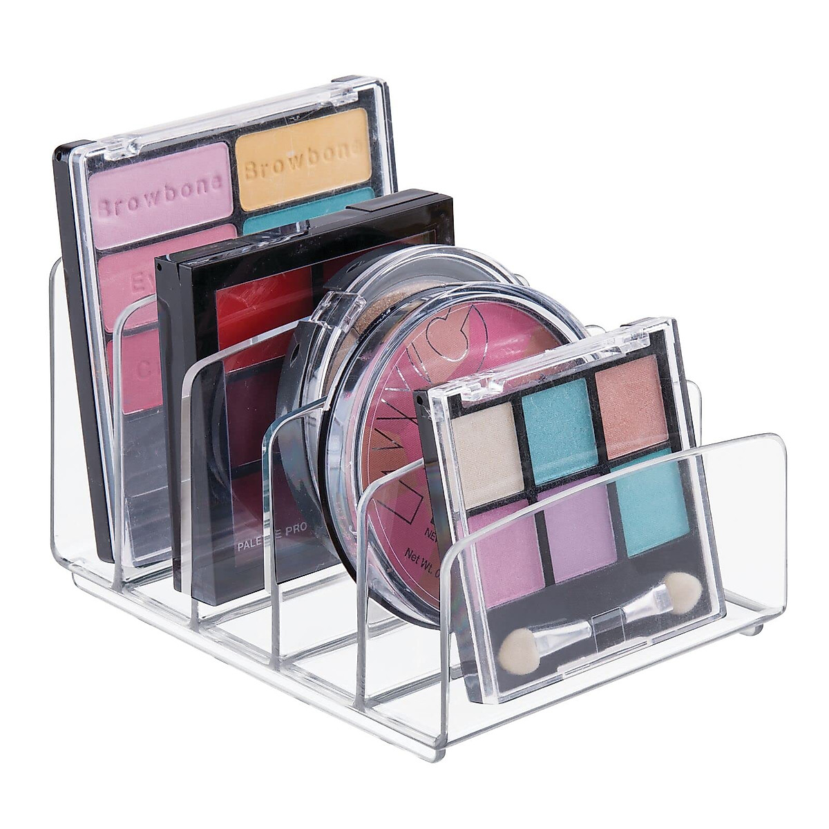 mDesign Plastic Divided Makeup Organizer for Bathroom Countertops, Vanities, Cabinets - Cosmetic Storage Solution for, Eyeshadow Palettes, Contour Kits, Blush, Face Powder - 5 Sections - Clear