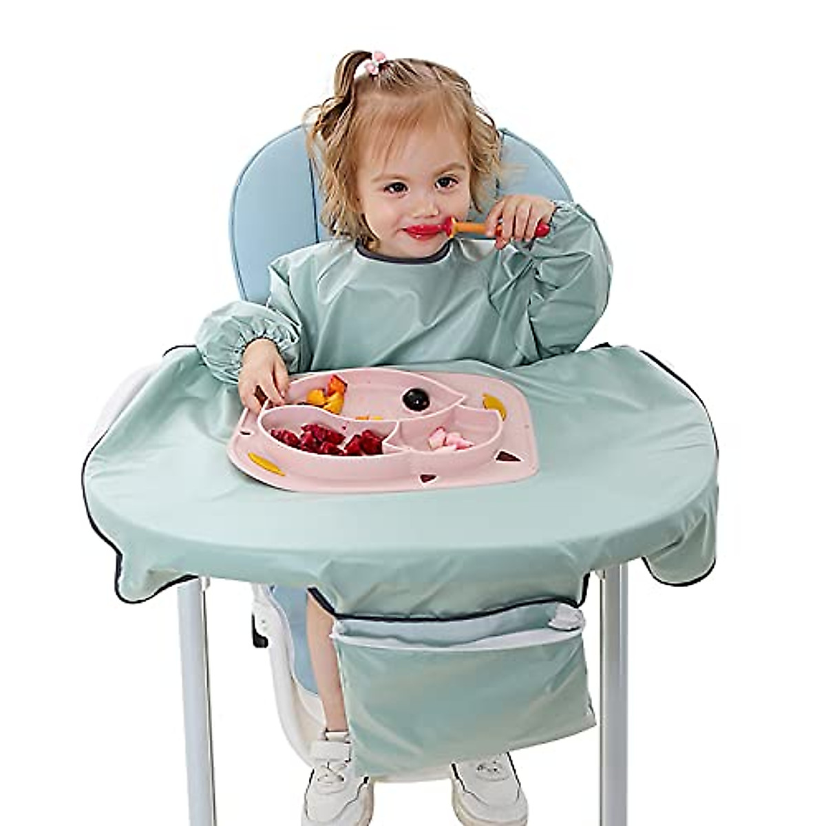 Jarafom Baby Weaning Bibs anti-dirty Highchair Waterproof Long Sleeved Bib Set Stain Odor Resistance Play Smock Apron 6-36 Months (Sleeved Green)