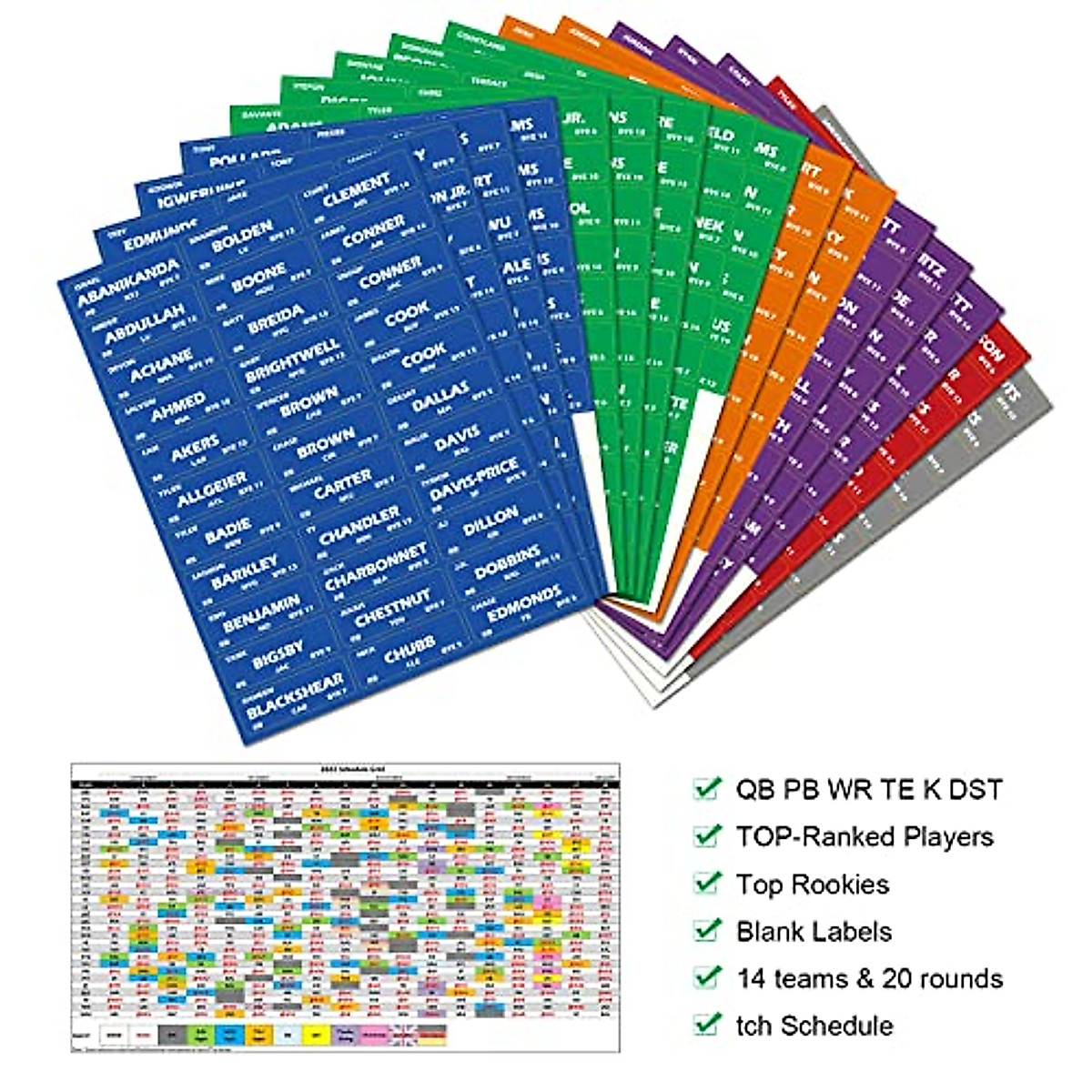 Happy Aplenty Fantasy Football Draft Board 2023-2024 14 Team x 20 Round Fantasy Football Draft Kit 2023-2024 with 500+Player Labels and Blank Labels Including 2023 Top Rookie Schedule