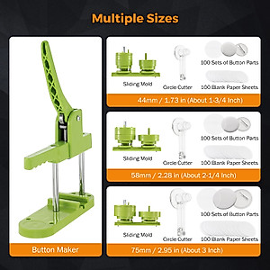 BEAMNOVA Button Maker Machine Multiple Sizes 1.73+2.28+2.95 inch, 44mm 58mm 75mm Sliding Dies, 300 Sets of Button Supplies, Circle Cutter Hand Press Machine Round Pin Badge Maker Kit