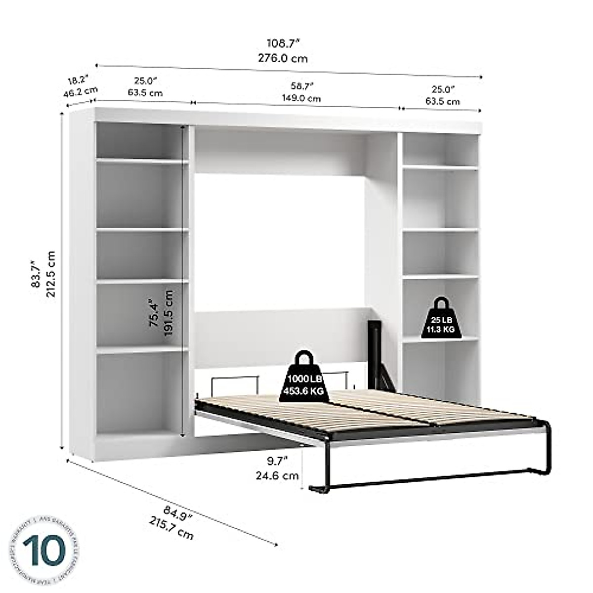 Bestar Pur Full Murphy Bed with 2 Shelving Units, 109-inch Space-Saving Wall Bed with Storage