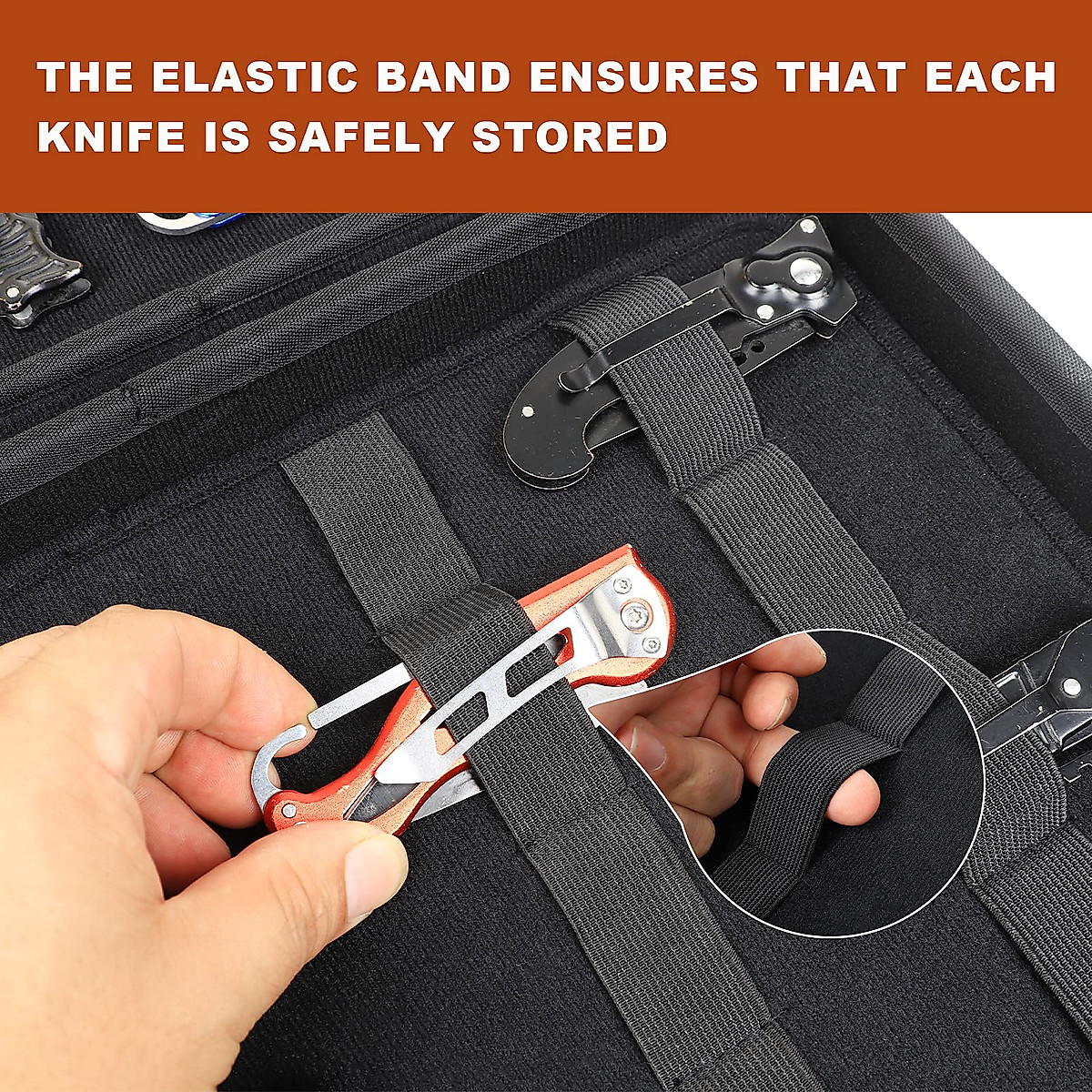 Pocket Knife Display Case, Folding Knife Holder, Mini Knives Carrying Case,Small Knife Collection Pouch Carrier Roll for Hiking,Hunting and Camping Outdoor Activities, Black & Orange, 62 Slots