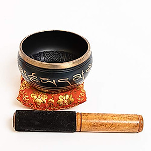 Satnam Tibetan Singing Bowl Set with Mantra Engravings | Meditation Sound Bowl | Handcrafted in India Great for Meditation, Stress & Anxiety Relief & Chakra (4 Inch, Black)