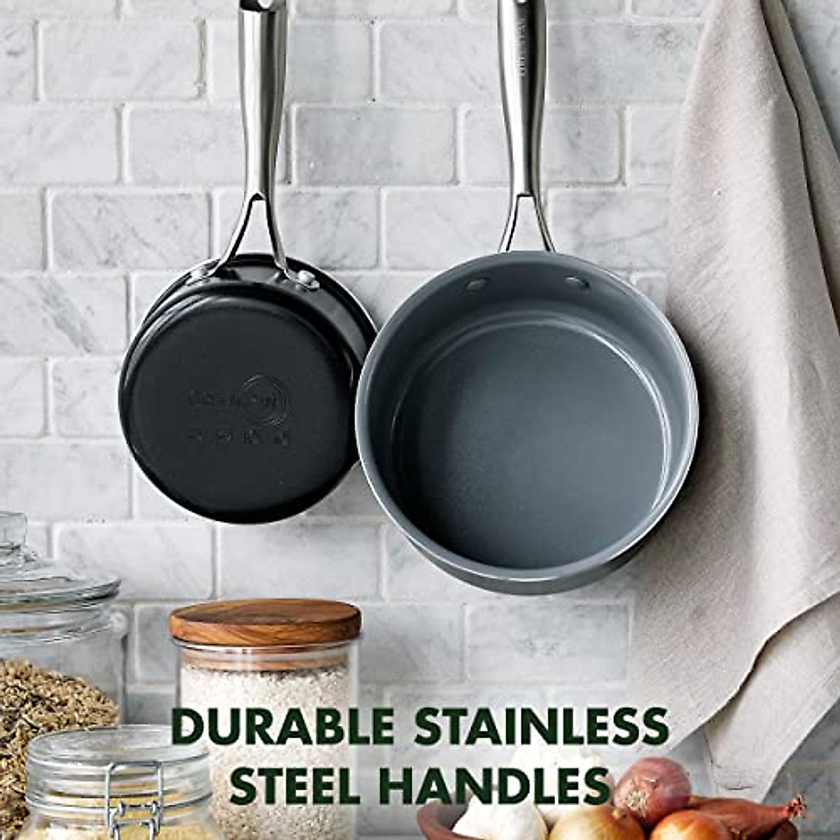 GreenPan Swift Healthy Ceramic Nonstick, 1QT and 2QT Saucepan Set, Stainless Steel Handle, PFAS-Free, Dishwasher Safe, Oven Safe, Black
