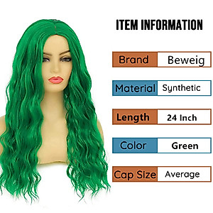 Beweig Long Curly Wavy Green Wig for Women Middle Part Costume Cosplay Wig Synthetic Hair Replacement Wig …