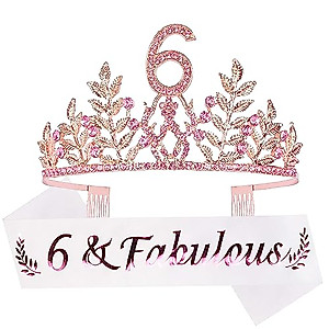 6th Birthday Sash and Tiara for Girls - Fabulous Glitter Sash + Leafs Rhinestone Pink Premium Metal Tiara for Girls, 6th Birthday Gifts for Princess Party