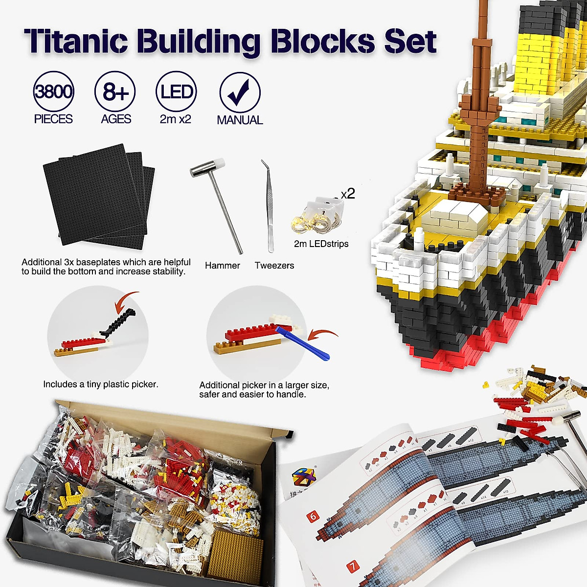 Sumkurt Titanic Building Blocks Set with LED, 3800pcs Titanic Toy Micro Building Kit, Titanic Gift Ship Model Building Bricks, DIY Educational Christmas Toys Gift
