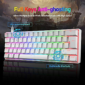 UK Layout 60% True Mechanical Gaming Keyboard Type C Wired 61 Keys LED Backlit USB Waterproof Keyboard 14 Chroma RGB Backlight Full Anti-ghosting Keys for Computer/PC/Laptop/MAC (White/Blue Switch)