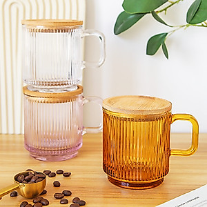 Lysenn Amber Glass Coffee Mug with Lid - Premium Classical Vertical Stripes Glass Tea Cup - for |Latte|Tea|Chocolate|Juice|Water| - Unleaded - Bamboo Lid - 12.5 Ounces