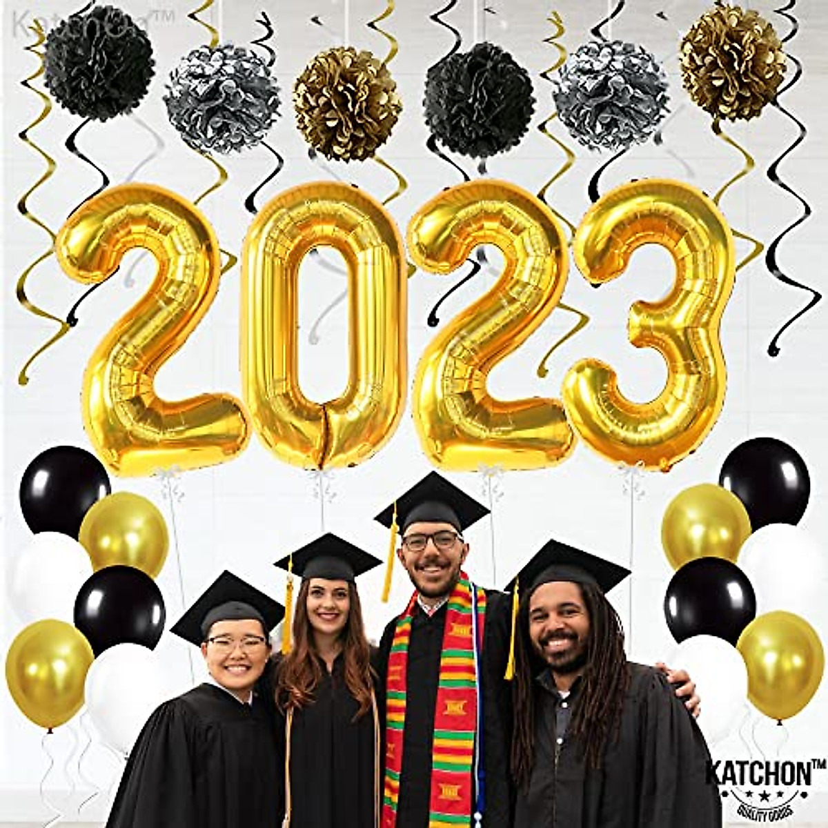 KatchOn, Graduation Balloons 2023 Set - Big 40 Inch, Pack of 43 | Gold 2023 Balloons Graduation, Pompoms and Hanging Swirls | Black and Gold Graduation Party Decorations 2023, Prom Decorations 2023