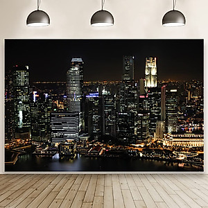 Laeacco 7x5ft Aerial View Famous Big City Backdrop for Photography Modern City Night View Background Skyscraper Urban Light Skyline Birthday Party Banner Online Live Broadcast Video Prop Photo Studio