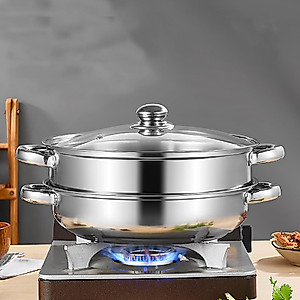 ZENFUN Steamer for Cooking, Steamer Pot with Steamer Insert, 2 Tier Stack and Steam Pot Set with Glass Lid, Stainless Steel Steamer Pot Double Handle, 11 Inch（Thickened）
