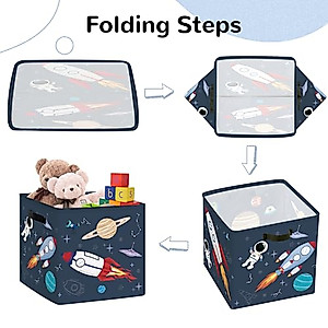 Clastyle 3 Pcs Space Kid Storage Cube Organizer Set Rocket Closet Clothes Cube Storage Bin Blue Nursery Toddler Toy Box Chest Astronaut Book Shelf Basket, 11.8 in