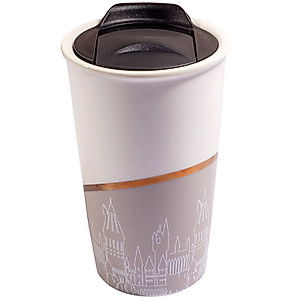 Seven20 Harry Potter Hogwarts Travel Coffee Mug, 14oz - Insulated, Ceramic Cup with Lid - Gold and Gray Hogwarts Design - Gift for Teens and Adults
