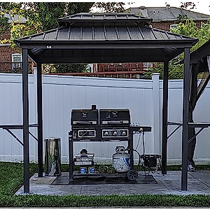 PURPLE LEAF 6' X 8' Hardtop Grill Gazebo for Patio Permanent Aluminum Barbeque Shelter Gazebo Canopy with Ceiling Hook and Shelves Double Tiered Grey Outdoor BBQ Gazebo