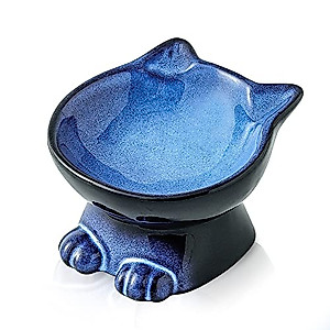 Nihow Slanted Elevated Cat Bowls: 5 Inch Ceramic Raised Cat Food Bowl for Protecting Pet's Spine - Microwave & Dishwasher Safe -Elegant Blue & Black (4.5 OZ /1 PC)