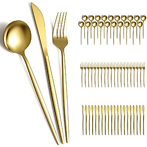 Evanda Gold Silverware Set 60 Piece Service for 20, Titanium Gold Plated Stainless Steel Flatware Set, Knives Forks Spoons Cutlery Set for Wedding, Parties, Birthday, Restauroom, Dishwasher Safe