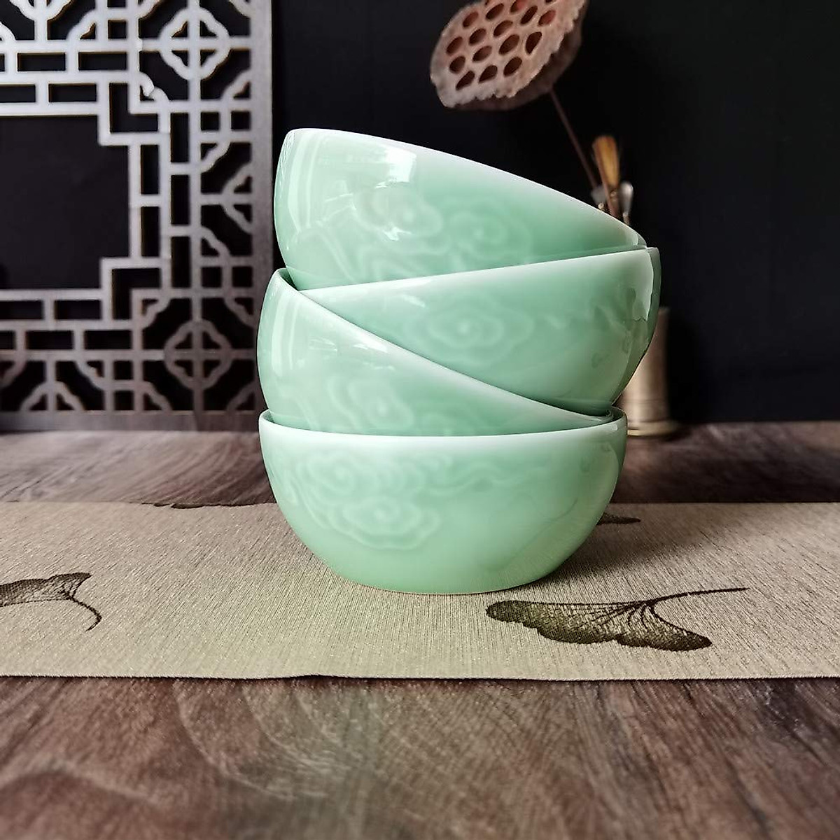 Chinese Rice Bowls 10-Ounce 4.5 inch Celadon Glazed Cereal Bowl Embossed with Auspicious Clouds Porcelain(Set of 4) (Green02)