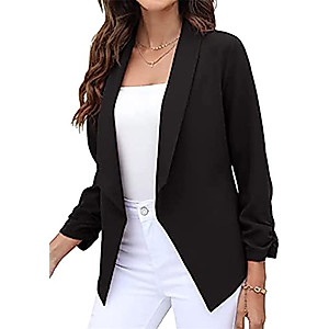BOFETA Women's Casual 3/4 Sleeve Blazers Open Front Solid Lapel Ruched Sleeve Jacket Blazer Black M