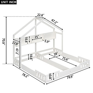 Harper & Bright Designs Twin House Bed for 2 Kids,Wood Double Twin Platform Beds with Rails, Montessori Floor Bed,Two Shared Beds with Shelves and Guardrail,Creamy White