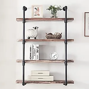 HOMISSUE 4-Shelf Rustic Pipe Shelving Unit, Metal Decorative Accent Wall Book Shelf for Home or Office Organizer, Retro Brown