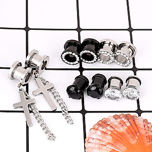 5 Pairs Ear Gauges CZ Diamond Plugs Tunnels Stainless Steel Dangle Cross Earring Expander Stretcher Piercing 0g