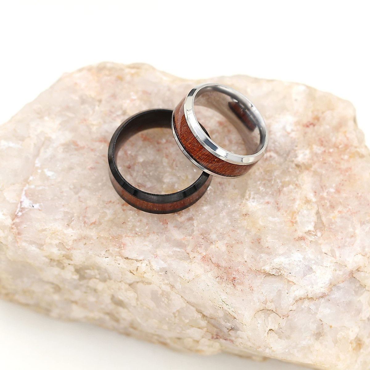 8mm Black Stainless Steel Wedding Band Inlay Wooden Promise Engagement Ring for Couples Him and Her Y1539 (Black, 9)