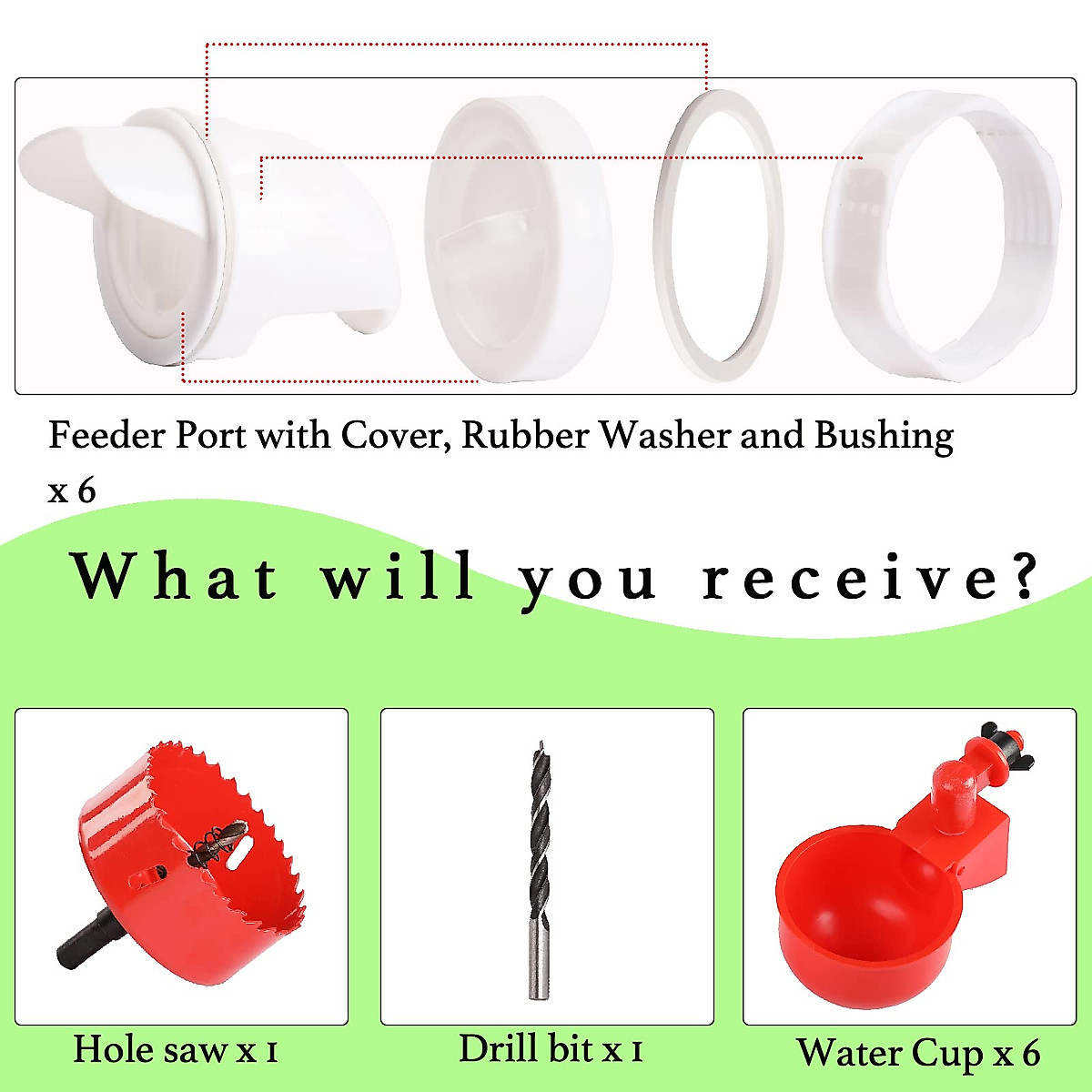 Chicken Feeder and Waterer Kit, 6 PCS Poultry Feeders No Waste and Chicken Water Cups for Buckets Barrels