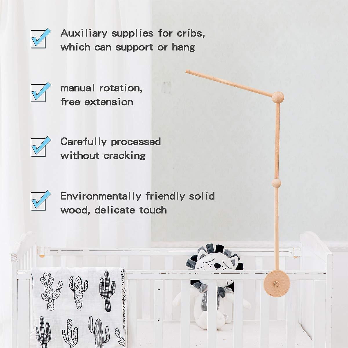 Baby Crib Mobile Arm - Wooden Baby Mobile Crib Holder for Mobile Hanging Baby Crib Attachment for Nursery Decor