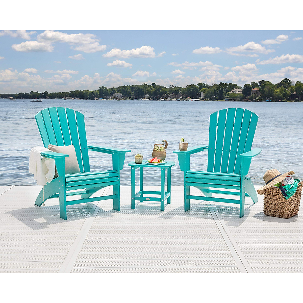 POLYWOOD Nautical 3-Piece Curveback Adirondack Chair Set with Side Table