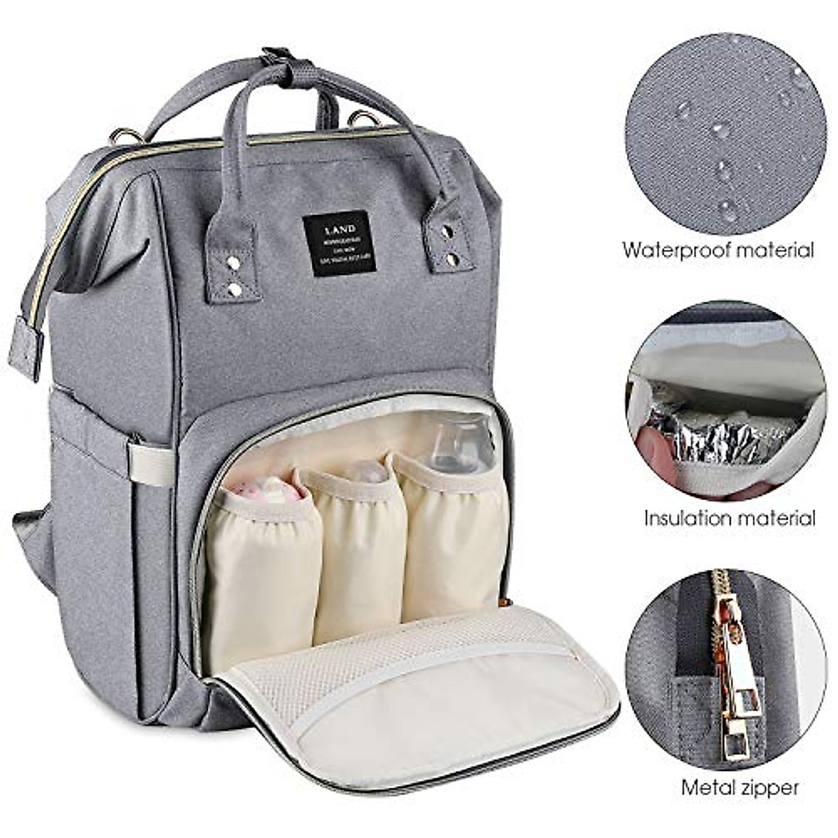 Iduola Diaper Bag Backpack, Multifunction Back Pack with 2 D Rings & Pacifier Case, Large Capacity Waterproof Portable Maternity Baby Nappy Bag, Unisex and Stylish (Gray)