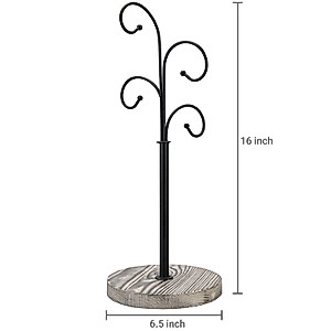 MyGift Black Metal Coffee Mug Tree Rack with 4 Curved Hooks and Grey Wood Base
