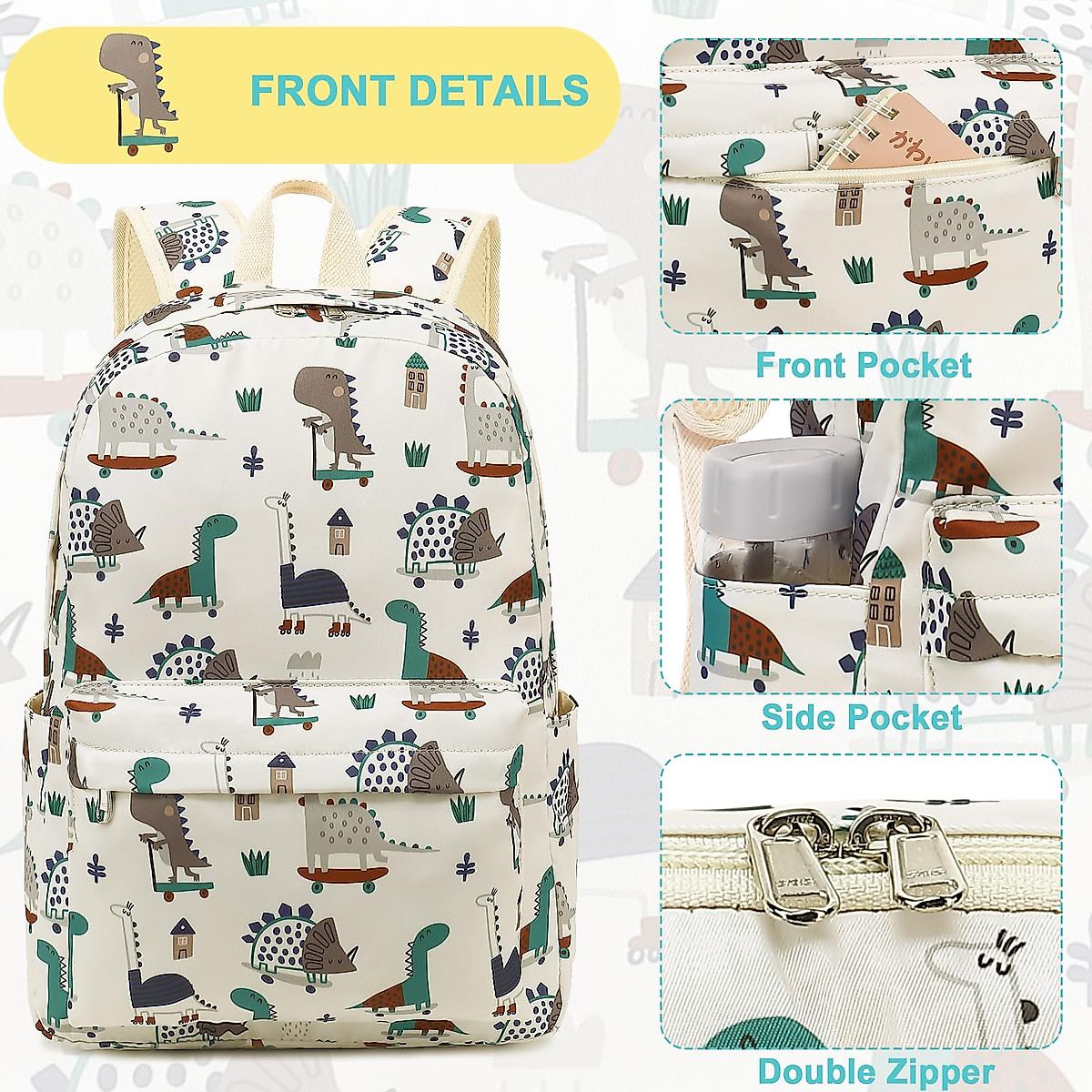 LEDAOU Kids School Backpack with Lunch Box for Boy Kindergarten BookBag School Bag Preschool Kindergarten Toddler Backpack (Dinosaur Beige)