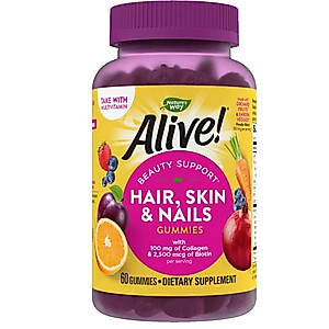 Nature's Way Alive! Hair, Skin & Nails Gummies with Biotin and Collagen, Beauty Support*, Strawberry Flavored, 60 Gummies
