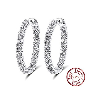 S925 Sterling Silver Single Row Round Solitaire Cubic Zirconia Rhodium Plated 'In and Out' Woman Man Hoop Huggie Earring Honest Mantra SE221