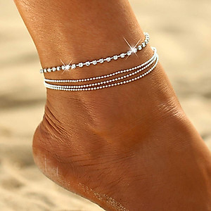 Tasiso Silver Plated Layered Rhinestone Chain Charm Anklet Cubic Zirconia Ankle Bracelet Summer Sparkling Crystal Foot Chain Jewelry for Women 8.3"