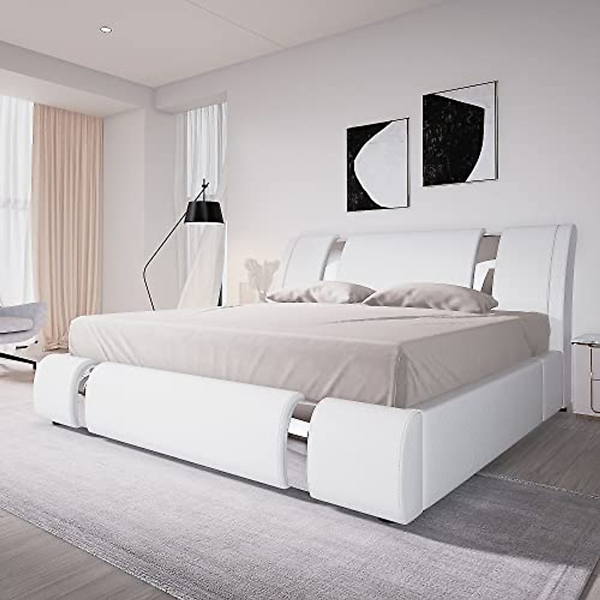 Allewie Queen Size Platform Bed Frame with Iron Piece Decor, Faux Leather Upholstered Bed with Curved Adjustable Headboard, Wooden Slats Support, No Box Spring Needed, Modern Style, White