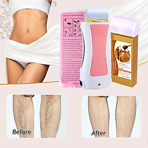 Roll On Wax Kit, Honey Roller Waxing Kit for Sensitive Skin, Hair Removal Roll On Wax Warmer with 2 Wax Roller Cartridge Refill,100 pcs Wax Strips, for Legs Arms and Underarm