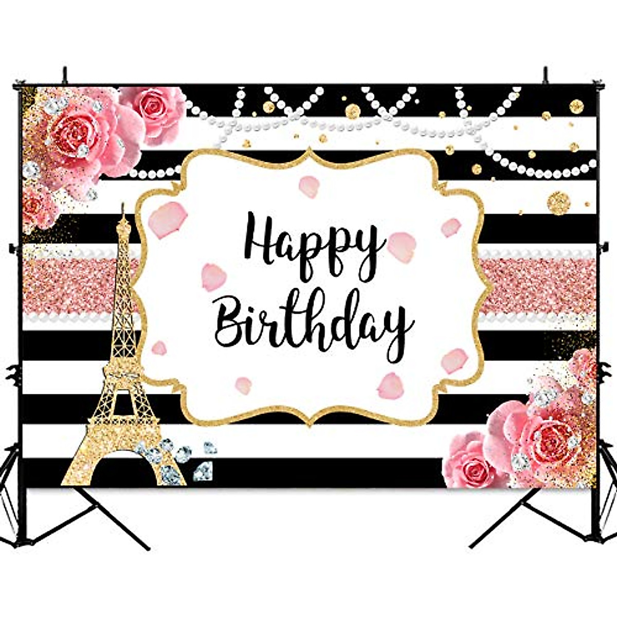 Sensfun Paris Birthday Backdrop Eiffel Tower French Theme Birthday Photo Background 7x5ft Pink Roses Ooh La La Black White Stripes Floral Happy Birthday Backdrops Decorations