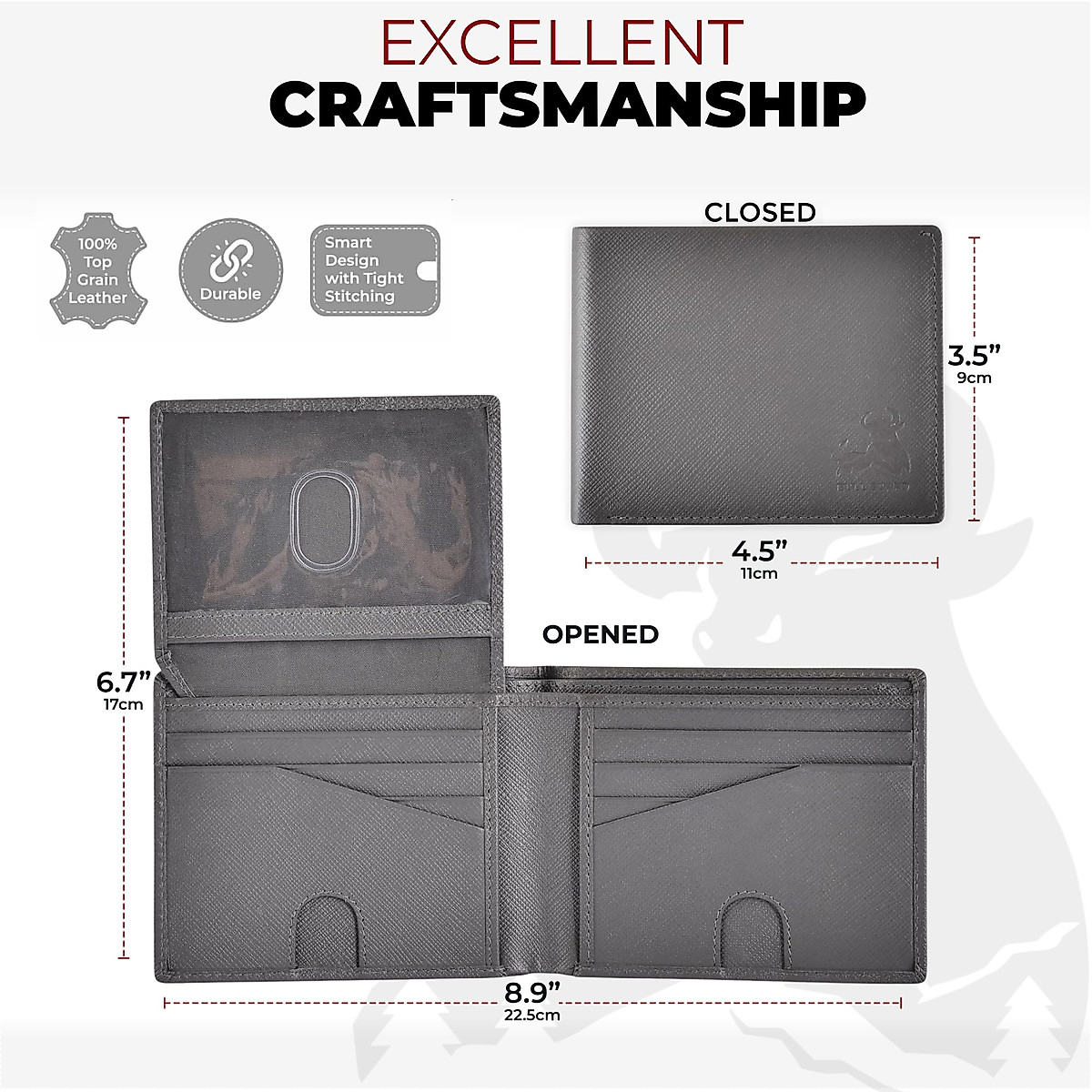 BULLGUARD Mens RFID Blocking Wallet Bifold with Flip Up ID in Saffiano Grey Genuine Leather