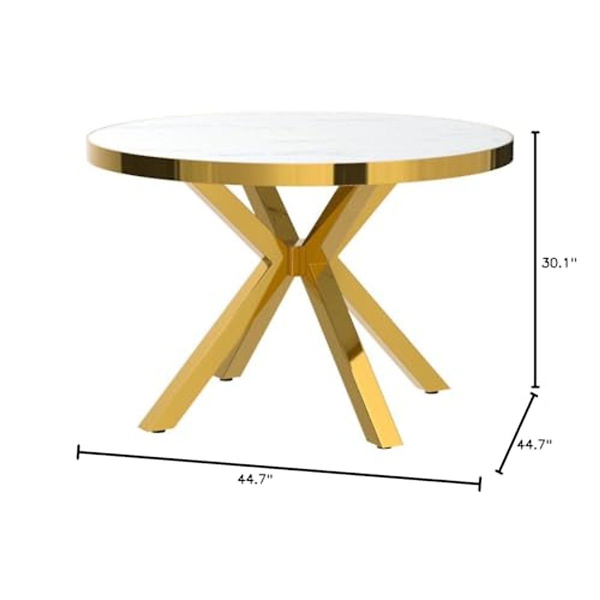 AUZ Round Dining Table, 45 inch White and Gold Table with Gorgeous Polished Stainless Steel Circle Trim and Cross Legs