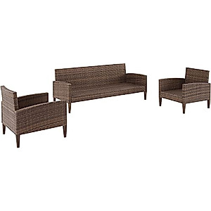 Crosley Furniture KO70193BR-CR Capella Outdoor Wicker 3-Piece Sofa Set (Sofa, 2 Armchairs), Brown with Creme Cushions