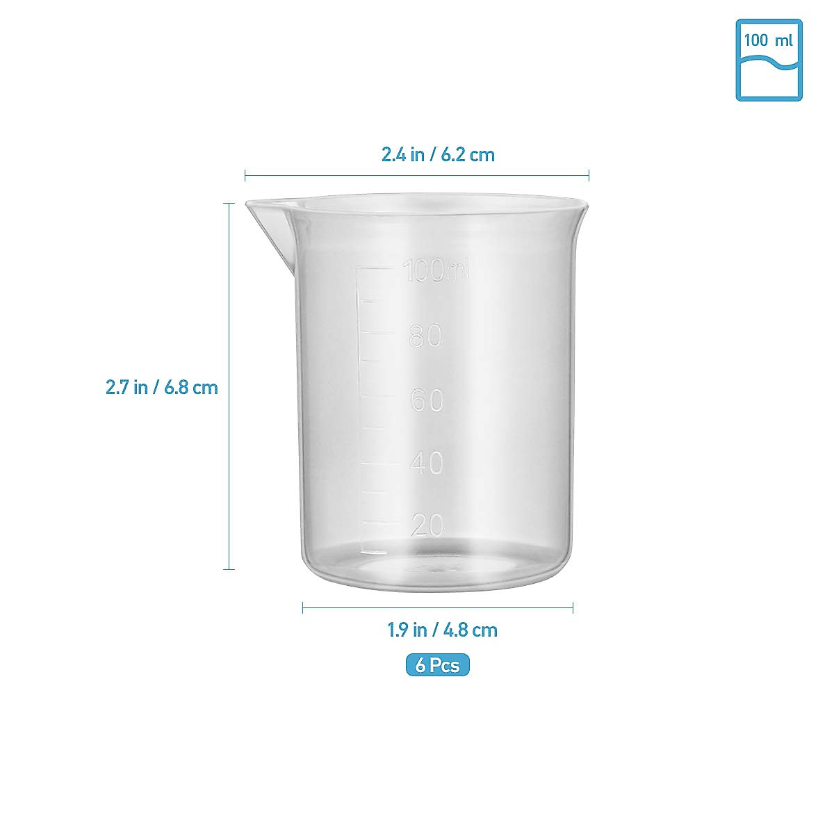 BESTOMZ Plastic Graduated Beakers Transparent Lab Measuring Cup 100mL Set of 6