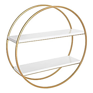 Kate and Laurel Sequoia Modern Round Wall Shelf, 24" Diameter, White and Gold, Contemporary Glam 2-Tier Floating Shelf Decor