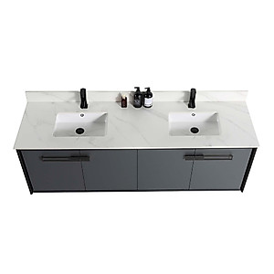 Fine Fixtures Oakville 72 in. W x 20 in. D x 33 in. H Wall Mounted Bathroom Vanity in Onix Grey with White Ceramic Sink - Black Hardware