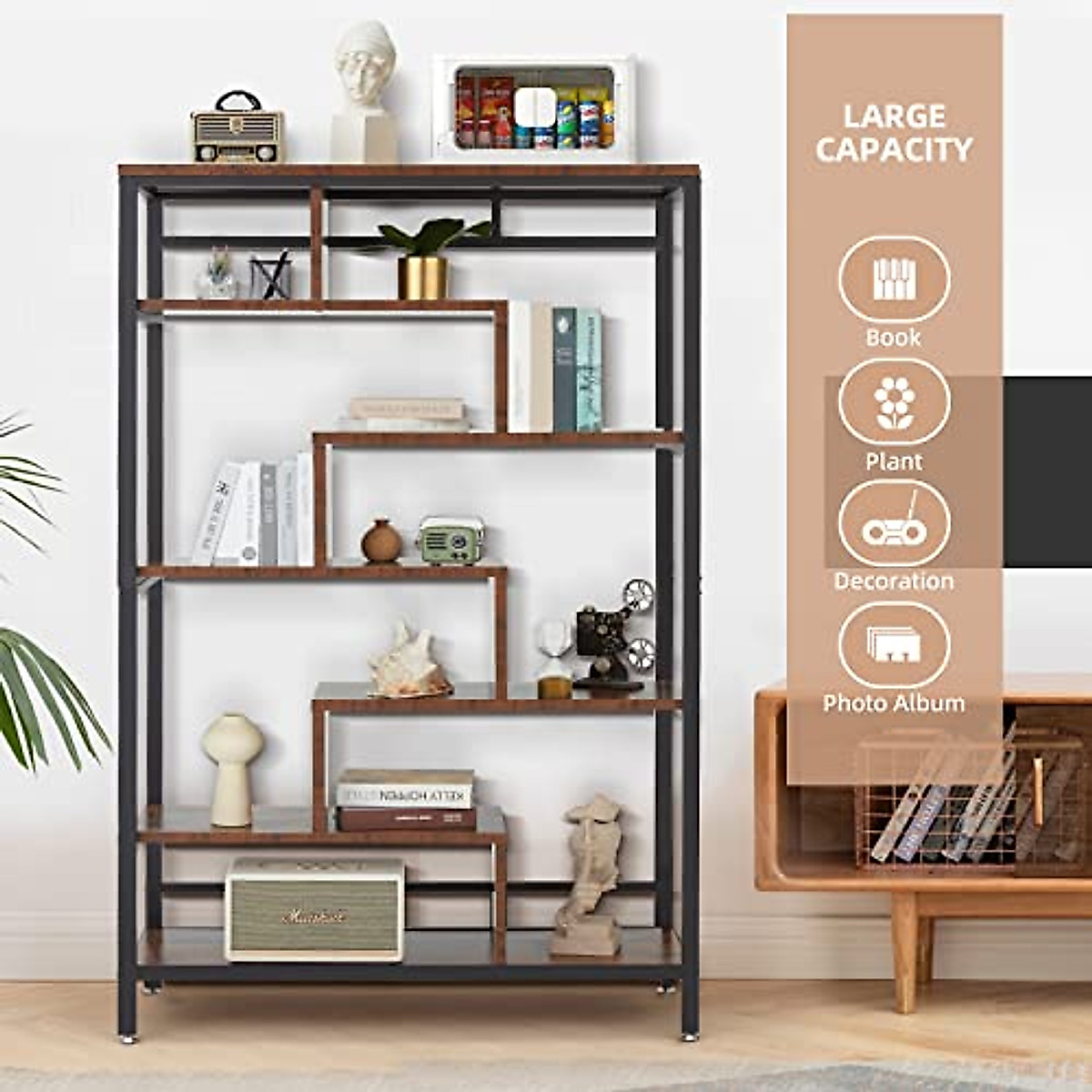 JOMEED 7-Tier Industrial Bookshelf for Bedroom,Large Etagere Bookcase Open Display Shelves with Metal Frame for Living Room Home Office，Asymmetrically Designed