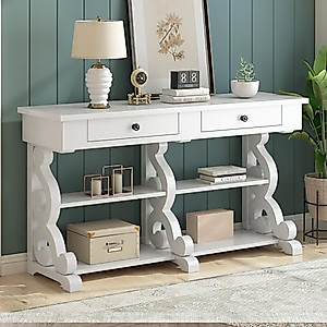 Rockjame Console Table, Retro Wood Sideboard with Ample Storage, Classic Accent Entryway Table with 2 Drawers and Open Adjustable Shelves for Entrance Dinning Room Living Room (Antique White)