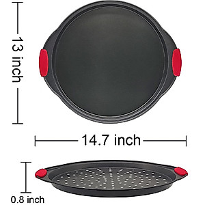VDGPWA 12 Inch Non-Stick Pizza Tray-With Silicone Handle,Carbon Steel Without Hole and With Hole Pizza Tray,Round Pizza Bakeware Crisper Pan for Home Baking,Kitchen,Restaurant Oven (2 Pack)