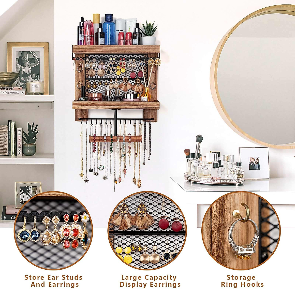 Pinzoveco Hanging Jewelry Organizer Wall Mounted With Wall Jewelry Organizer Holder For Necklaces Bracelet Earrings Ring (Rustic Wood)