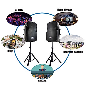 GJ JGA ELECTRONICS PA Speakers Bluetooth System 12 Inch Active & Passive Powered Speaker Wired Microphone,MP3/USB/SD/AUX Input, Dust Bag,Speaker Stands,Remote Control…